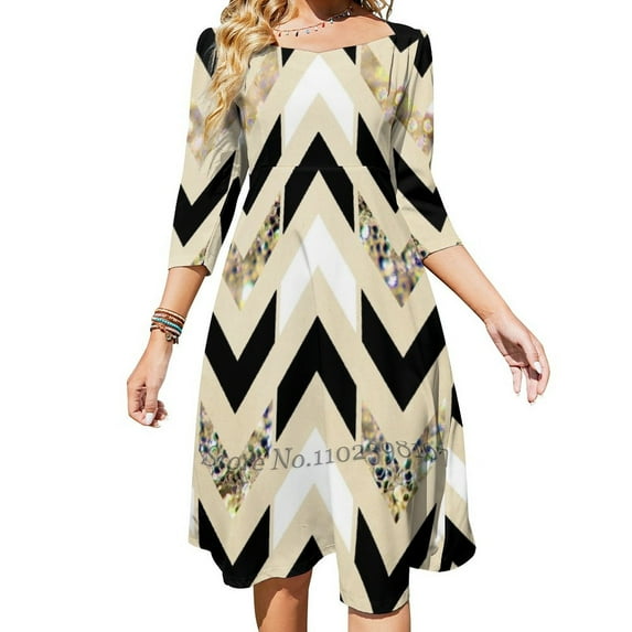 Black White & Gold Glitter Herringbone On Cream Square Neck Dress Cute ...