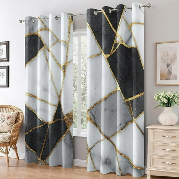 Black White Gold Marble Blackout Curtains for Bedroom, Thermal Marble ...