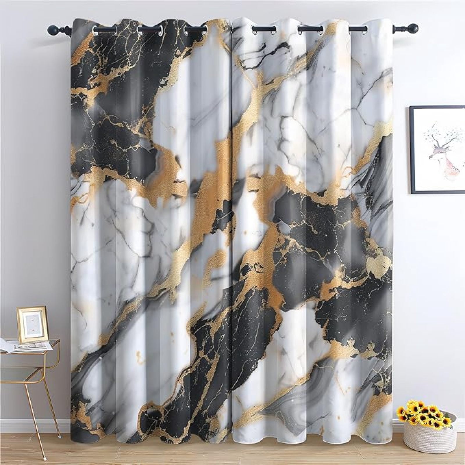 Black White Gold Marble Kitchen Curtains, Abstract Texture Blackout ...