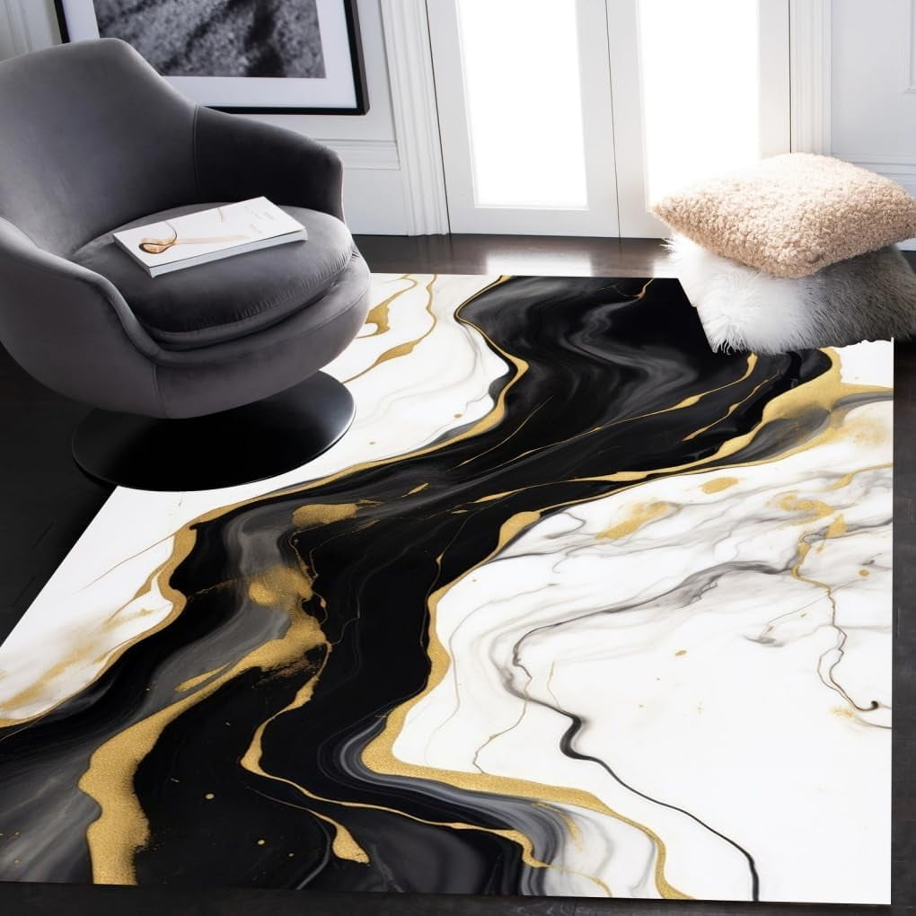 Black White Gold Marble Pattern Modern Abstract Area Rug Washable Soft ...