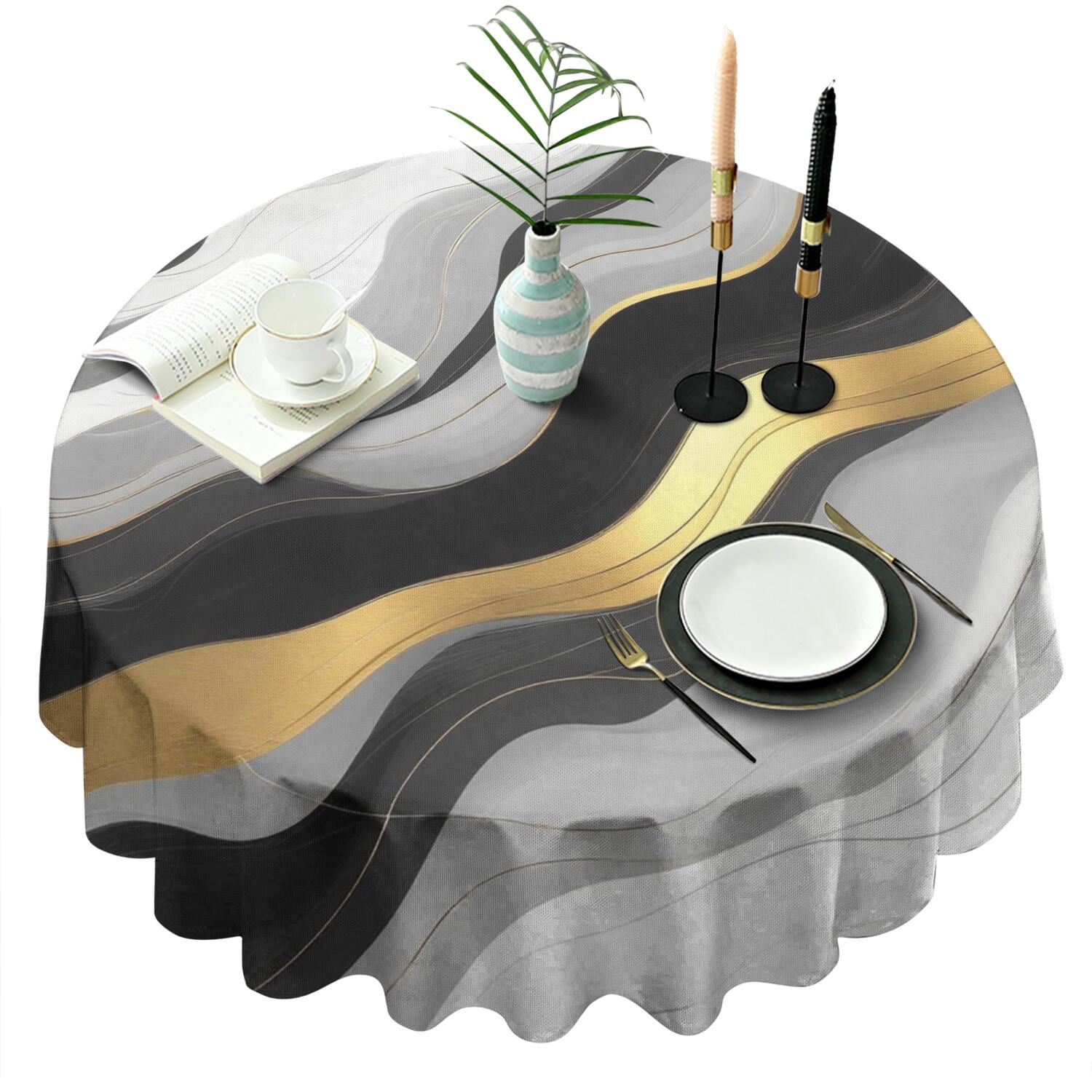 Black White Gold Marble Pattern Round Tablecloth 60"x60",Wrinkle ...