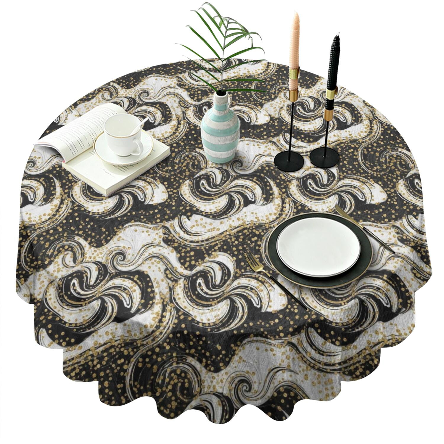 Black White Gold Marble Pattern Round Tablecloth 60"x60",Wrinkle ...