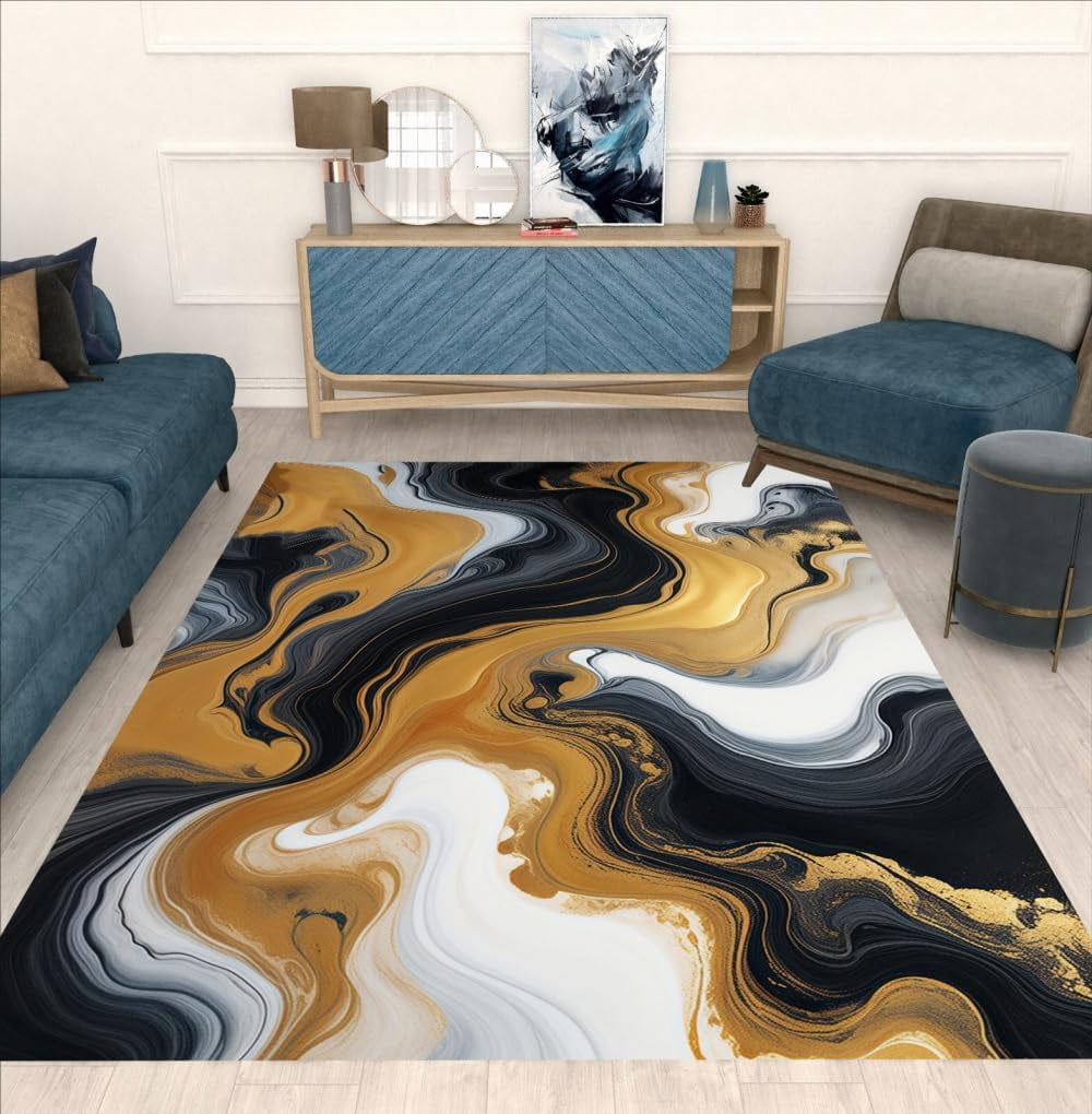 Black White Gold Marble Swirl Modern Abstract Luxury Area Rug For ...