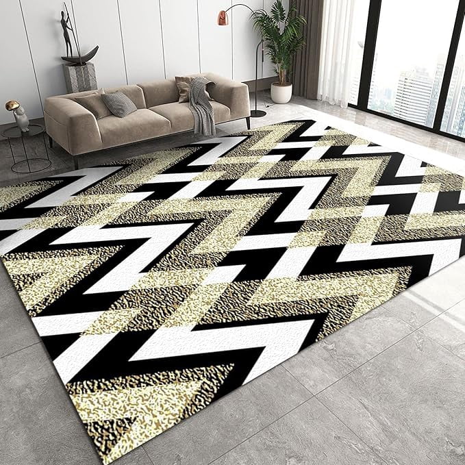 Black White Gold Pattern Area Rug, Light Luxury Indoor Rug, Living Room ...