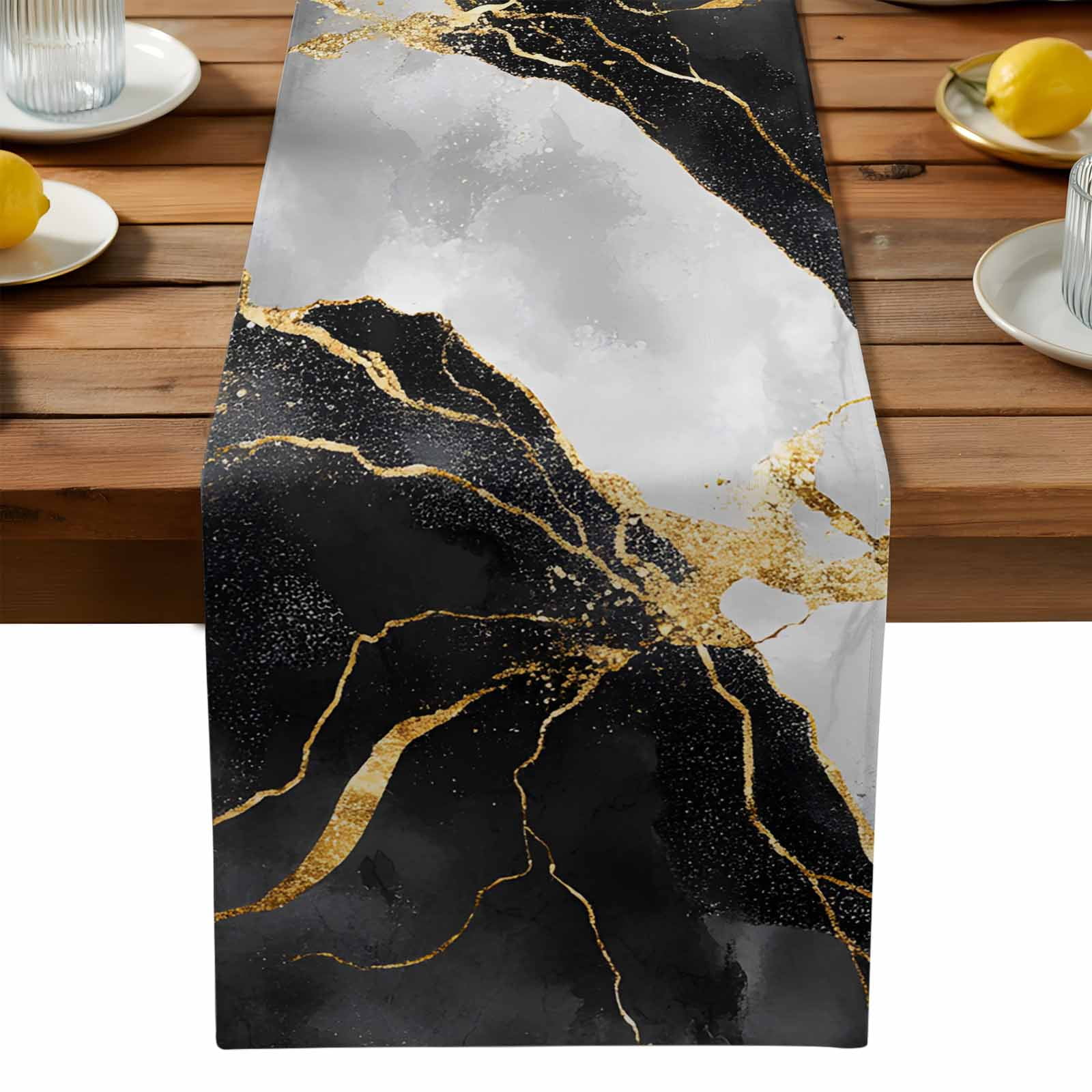 Black And White Gold Table Runner, Abstract Marble Textured Cotton ...