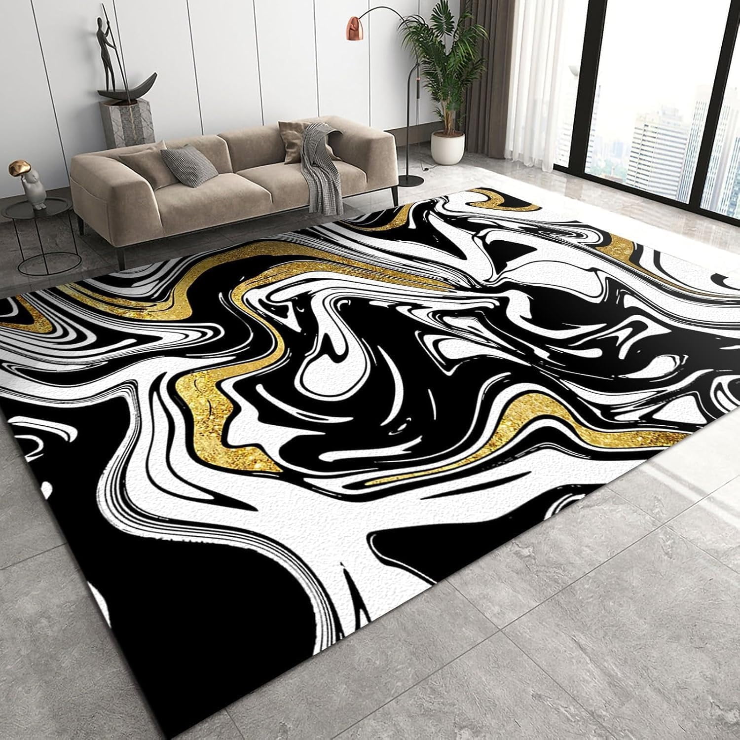Black White Gold Watercolor Swirl Area Rug 20"x32" Retro Abstract Ombre ...