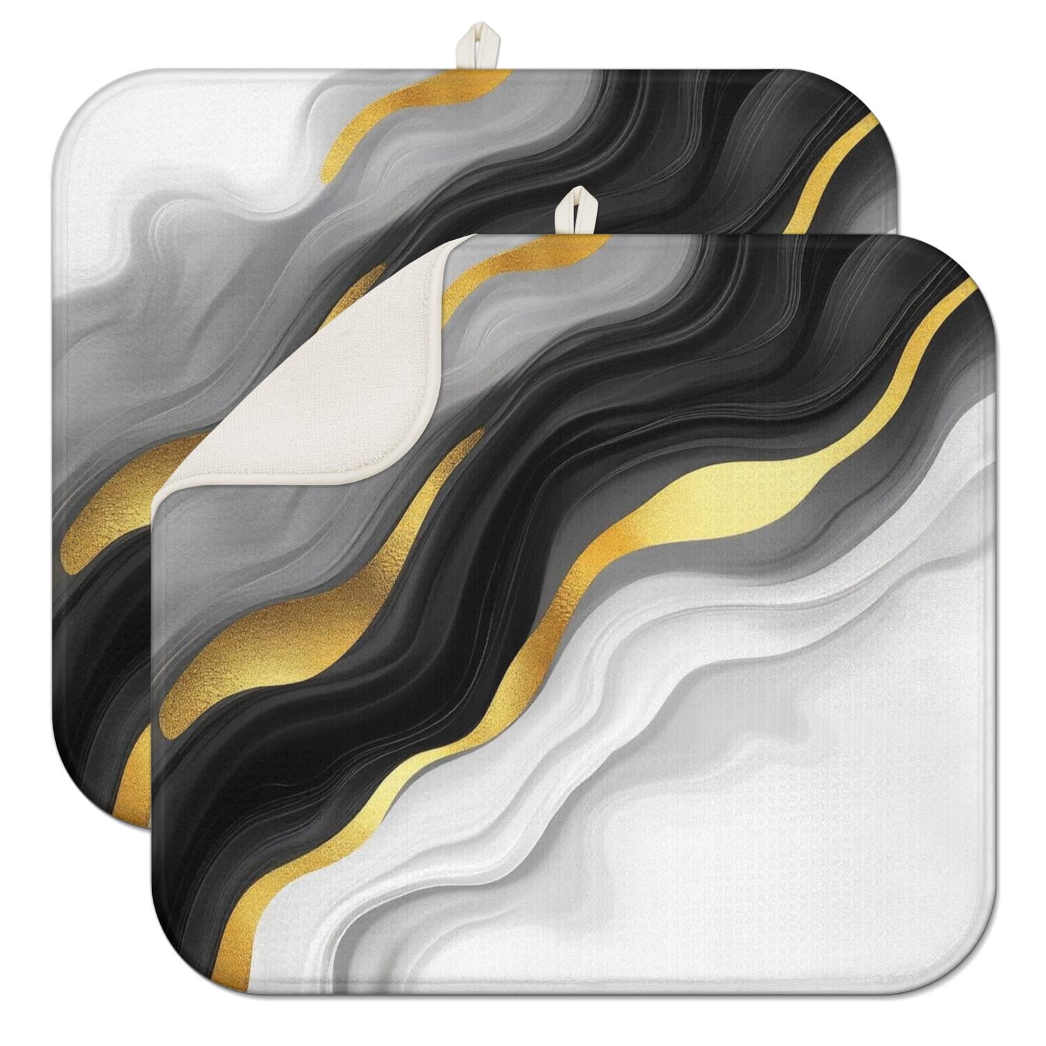 Black White Gold Wave Marble Dish Drying Mat for Kitchen 1 Pack, Ultra ...