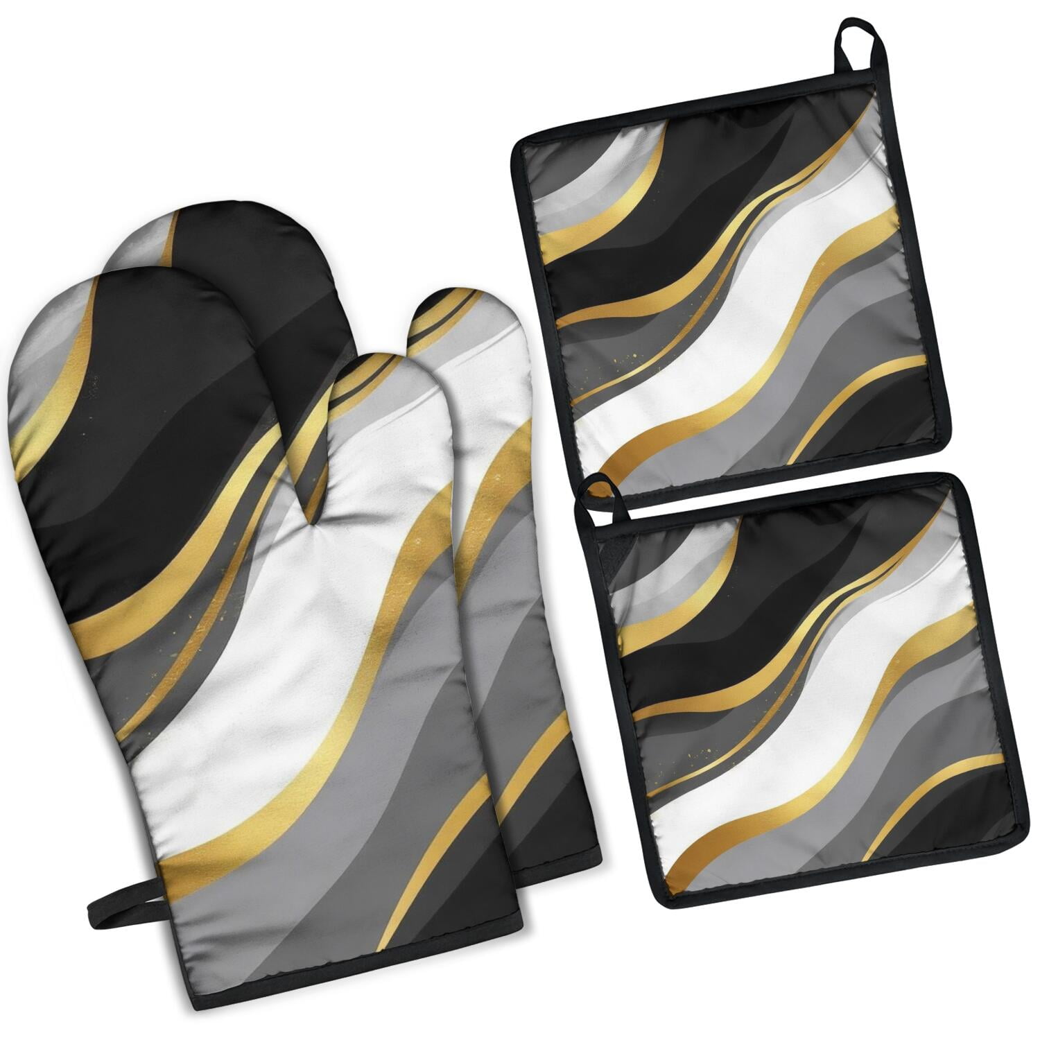 Black White Gold Wave Marble Kitchen Oven Mitt and Pot Holder Sets 4 ...