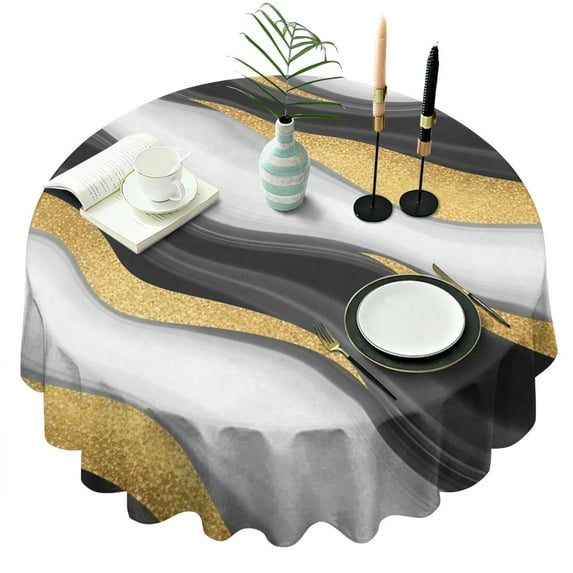 Black White Gold Wave Marble Pattern Round Tablecloth 60"x60",Wrinkle ...