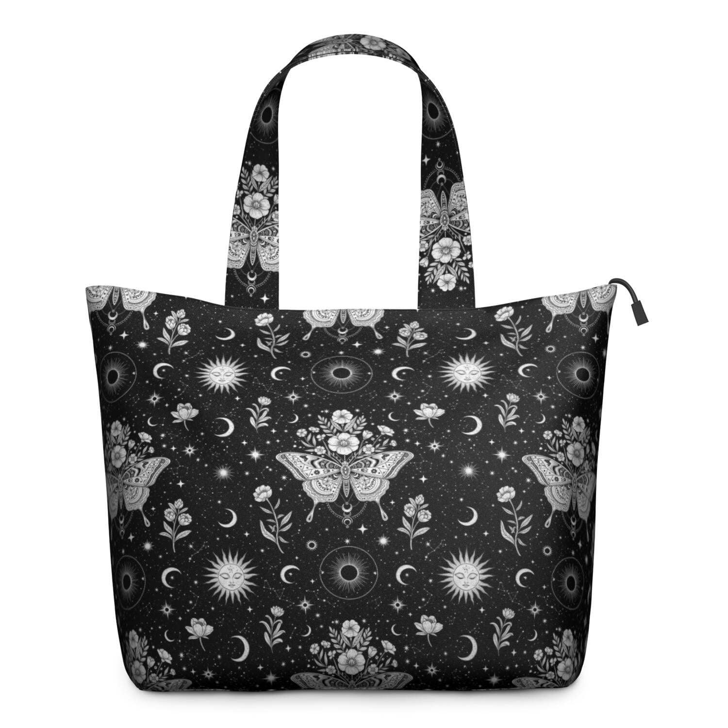 Black White Gothic Butterfly Sun Moon Flower Pattern Travel Tote Bags ...