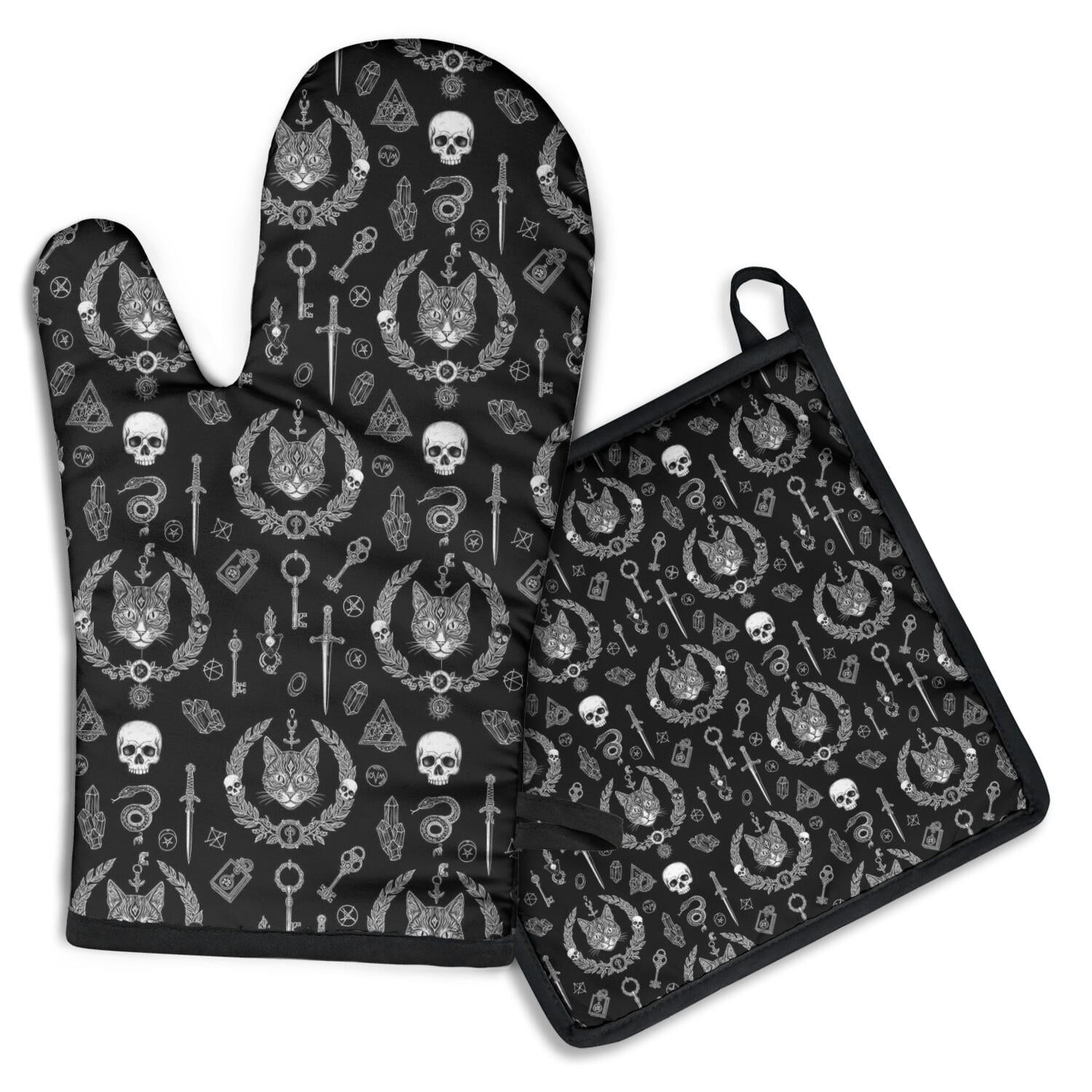 Black White Gothic Cat Skull Key Pattern Kitchen Oven Mitt and Pot ...