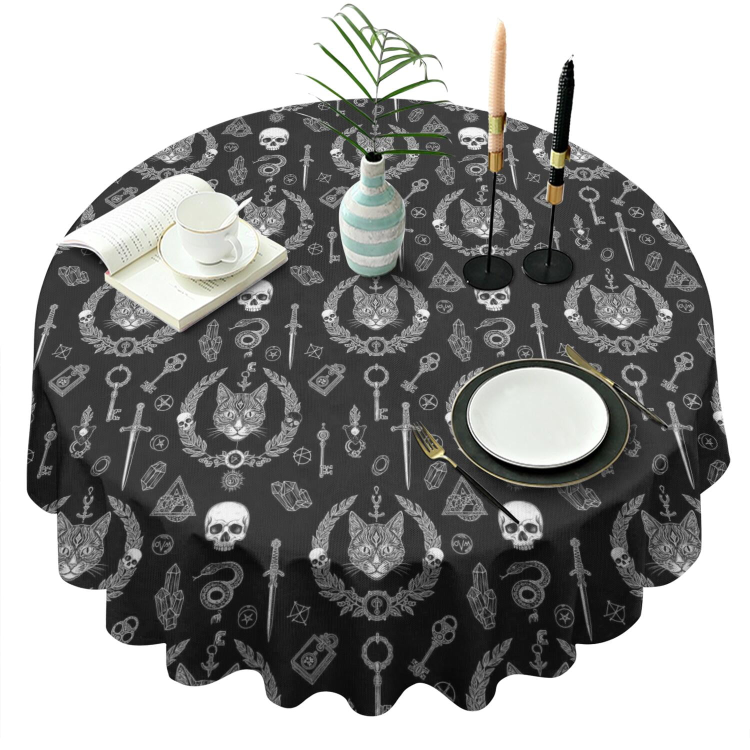 Black White Gothic Cat Skull Key Pattern Round Tablecloth 60"x60 ...