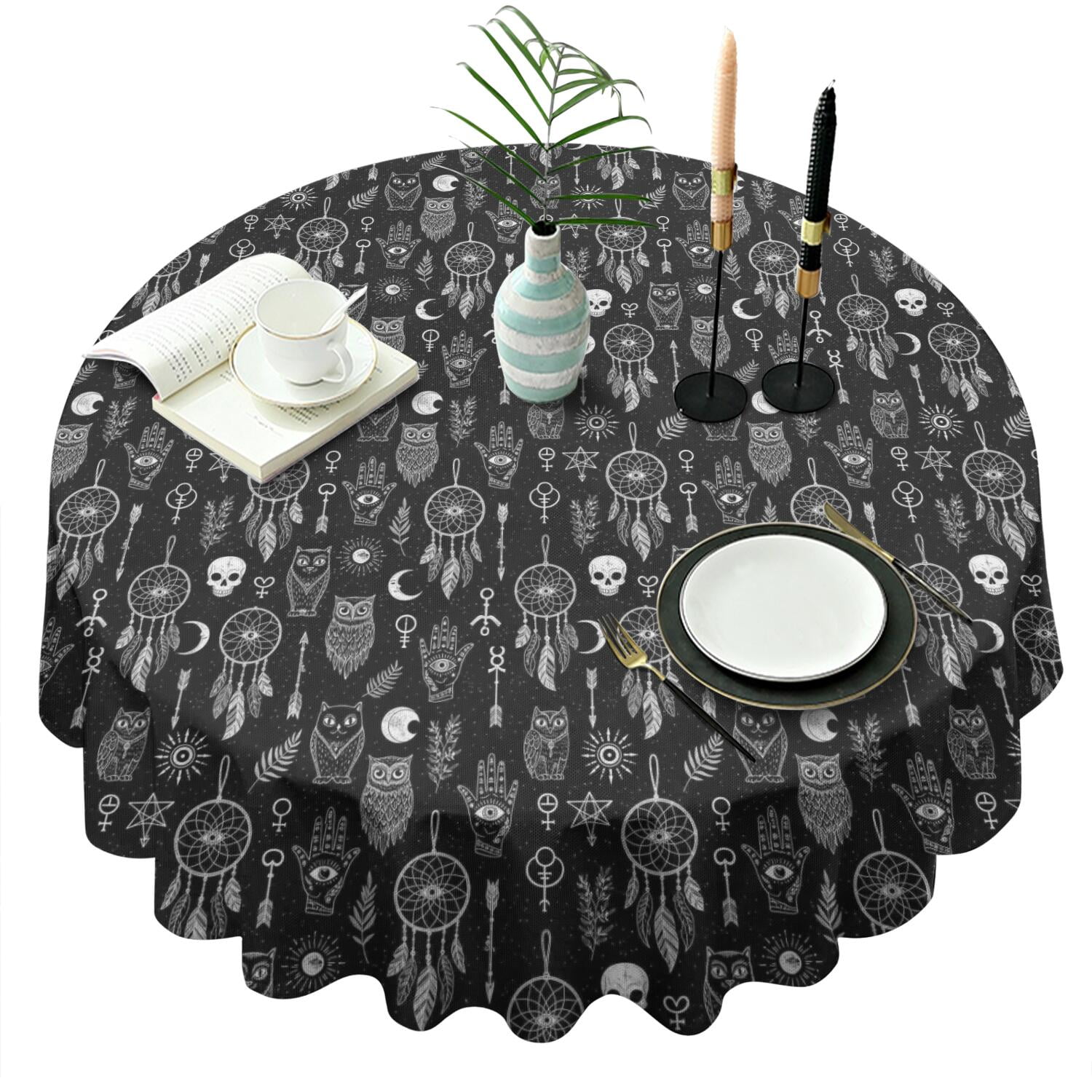Black White Gothic Dreamcatcher Owl Skull Pattern Round Tablecloth 60 ...