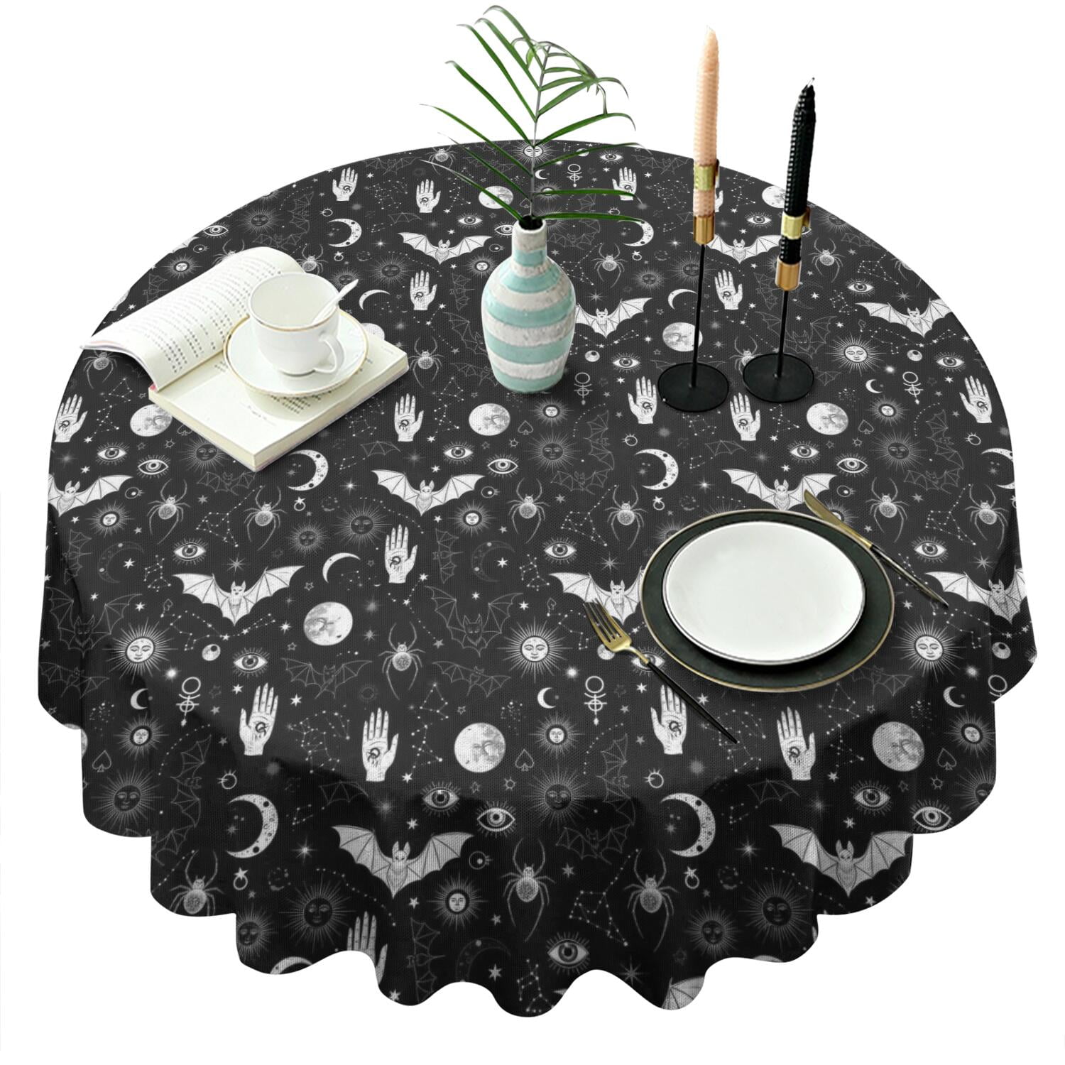 Black White Gothic Hand Bat Eye Pattern Round Tablecloth 60"x60 ...