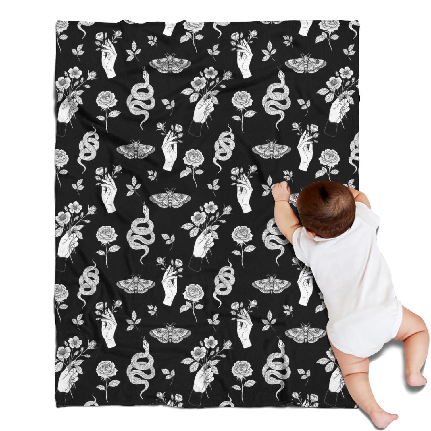 Black White Gothic Hand Flower Snake Moth Pattern Blanket,Comfortable ...
