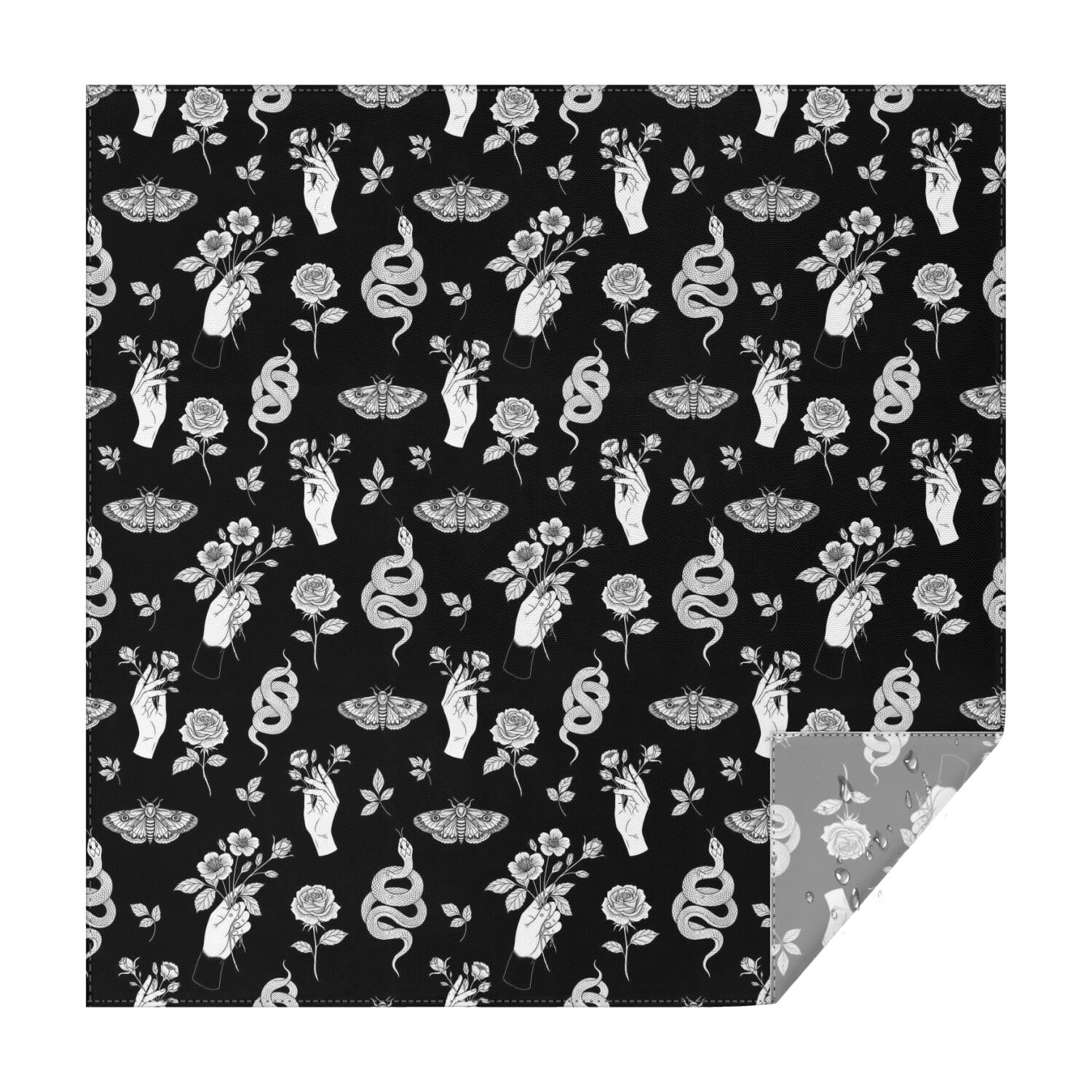 Black White Gothic Hand Flower Snake Moth Pattern Square Tablecloth ...