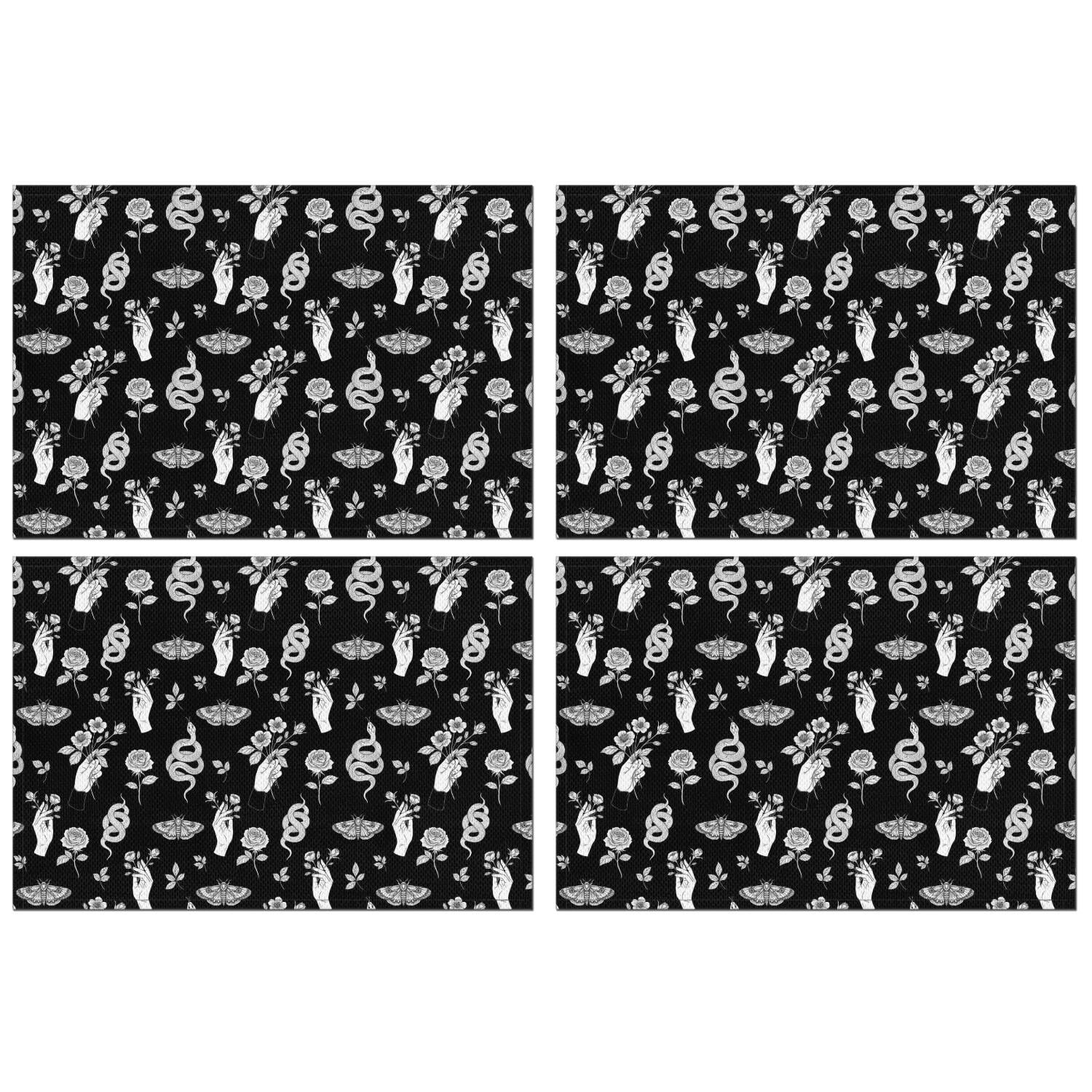 Black White Gothic Hand Flower Snake Moth Pattern Summer Placemats ...