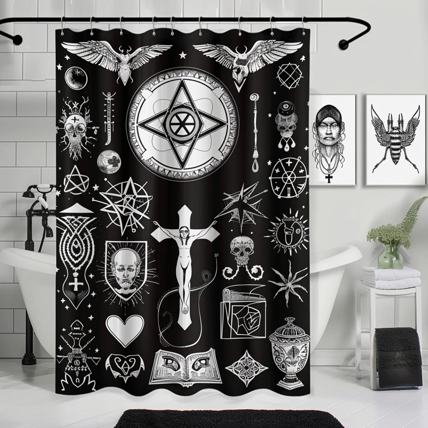 Black and White Gothic Occult Shower Curtain with Sacred Geometry Runes ...