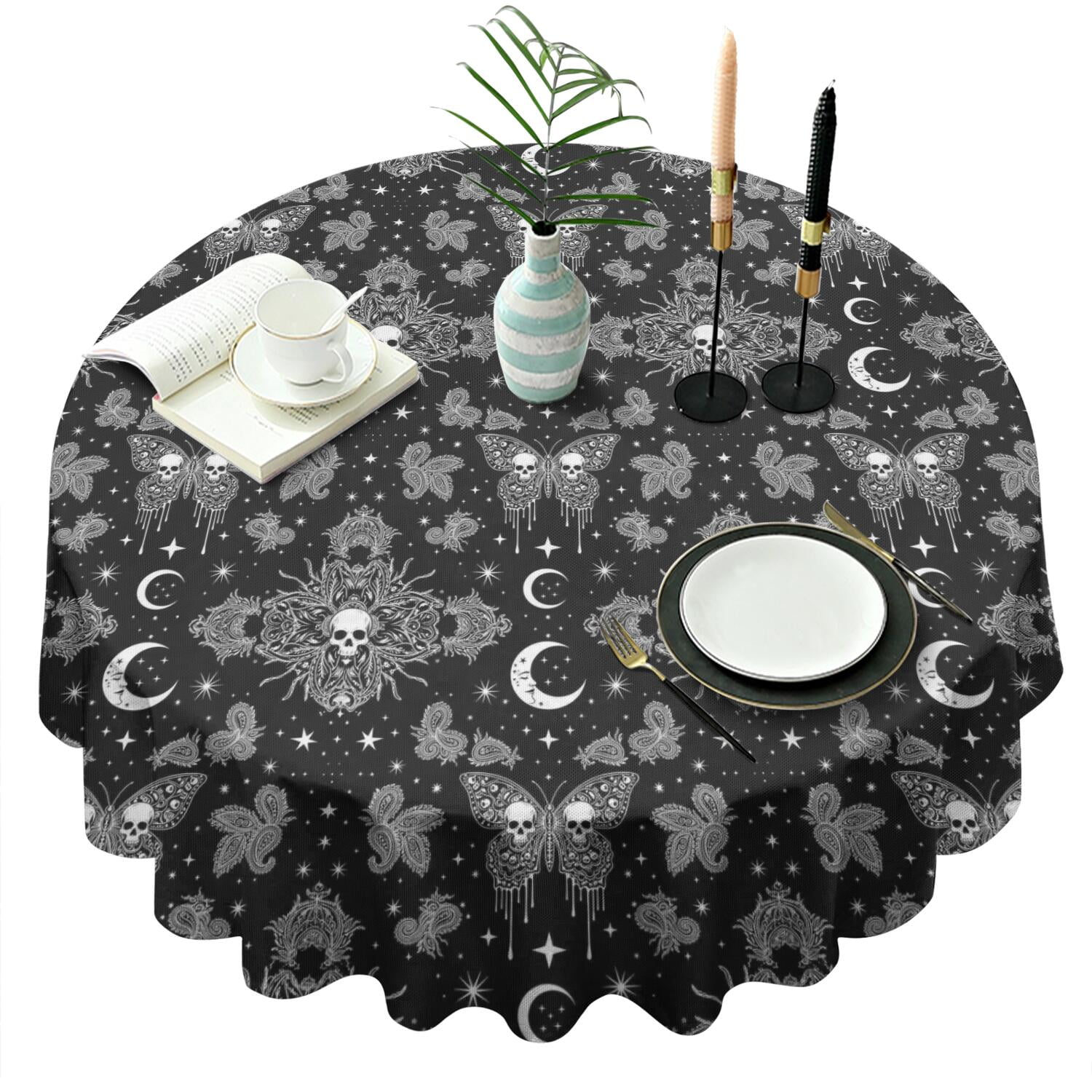 Black White Gothic Skull Butterfly Moon Pattern Round Tablecloth 60"x60 ...