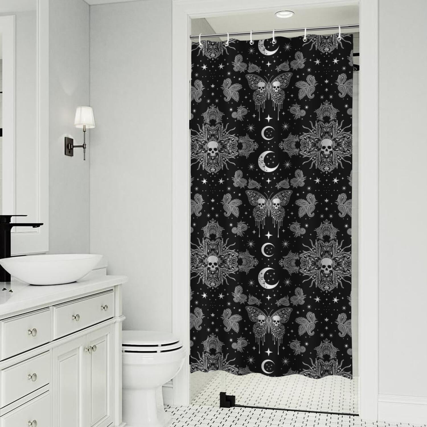 Black White Gothic Skull Butterfly Moon Pattern Shower Curtain 36"x72 ...