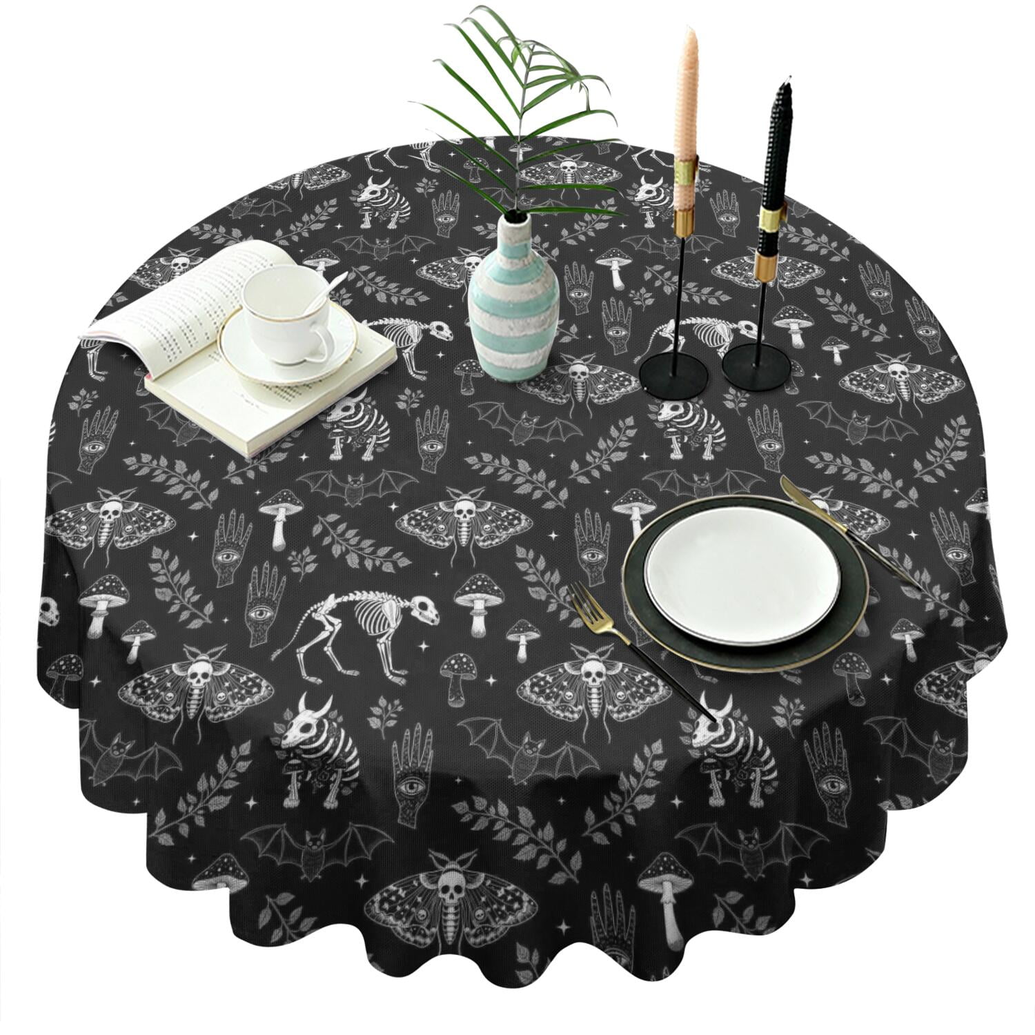 Black White Gothic Skull Moth Hand Pattern Round Tablecloth 60"x60 ...