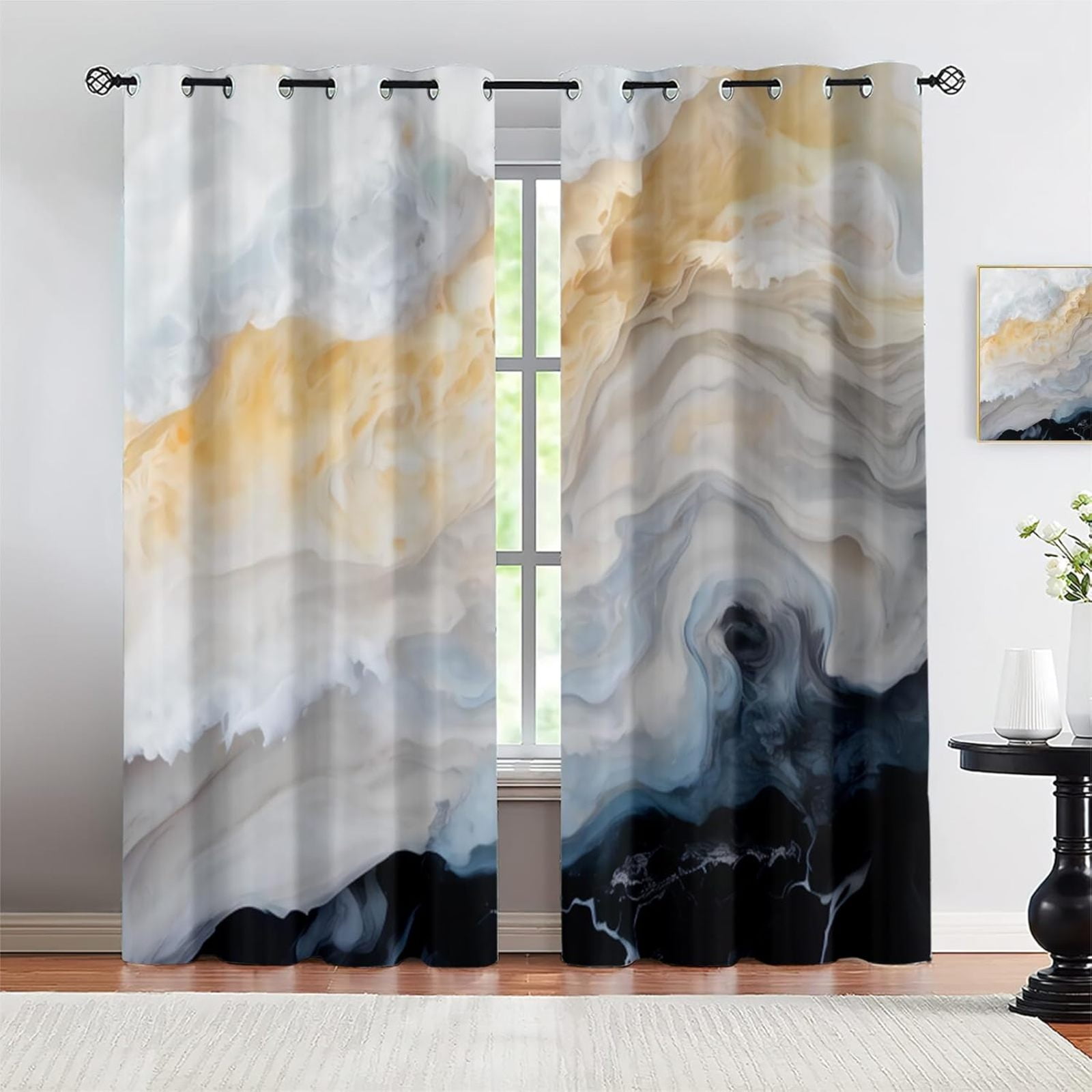 Black White Gradient Abstract Marble Print Blackout Curtain, Flowing ...