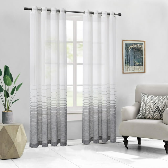 Black/White Gradual Striped Sheer Curtains for Window Semi Sheer Living ...