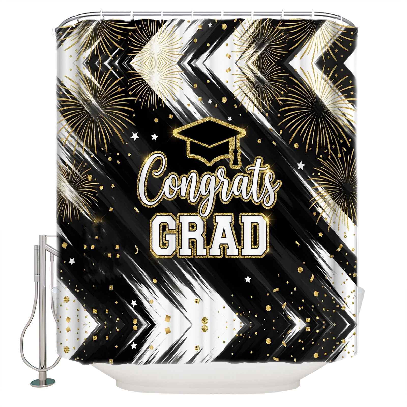 Black White Graduation Bathroom Shower Curtains with 12 Hooks Polyester ...