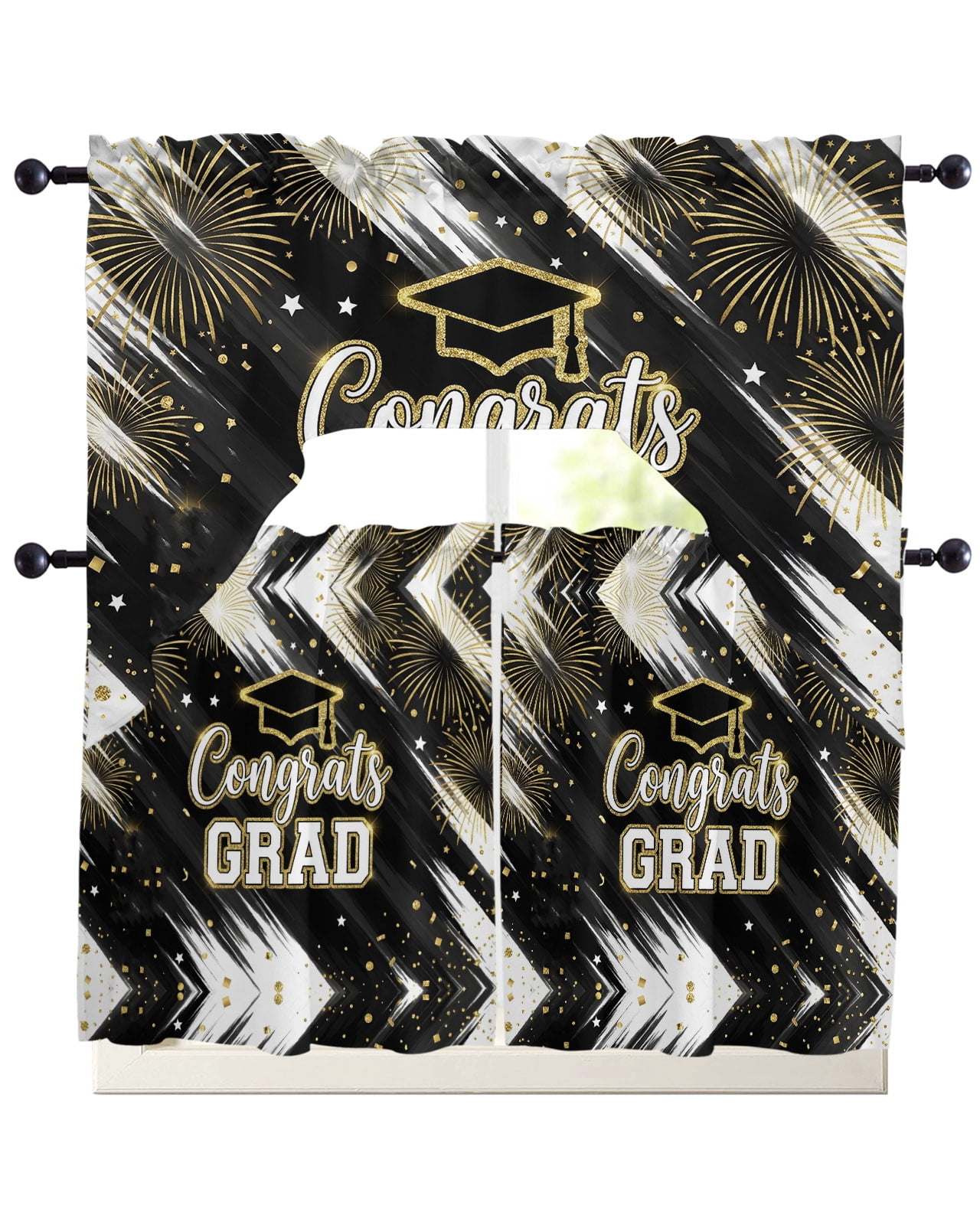 Black White Graduation Kitchen Curtains Set for Windows 3 Piece Cafe ...