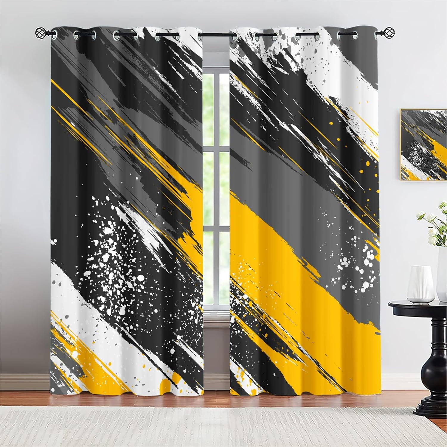Black And White Graffiti Blackout Window Treatments,Set Abstract Yellow ...