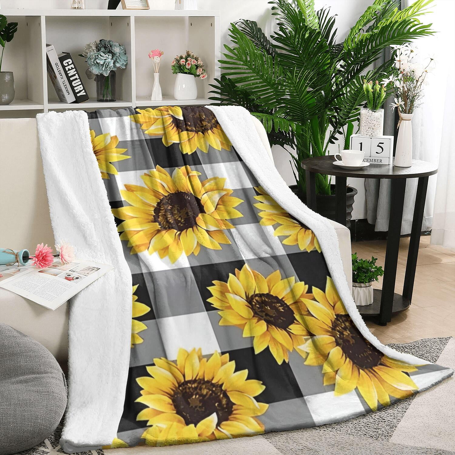Black White Gray Checker Sunflower Pattern Blanket,Comfortable Soft ...