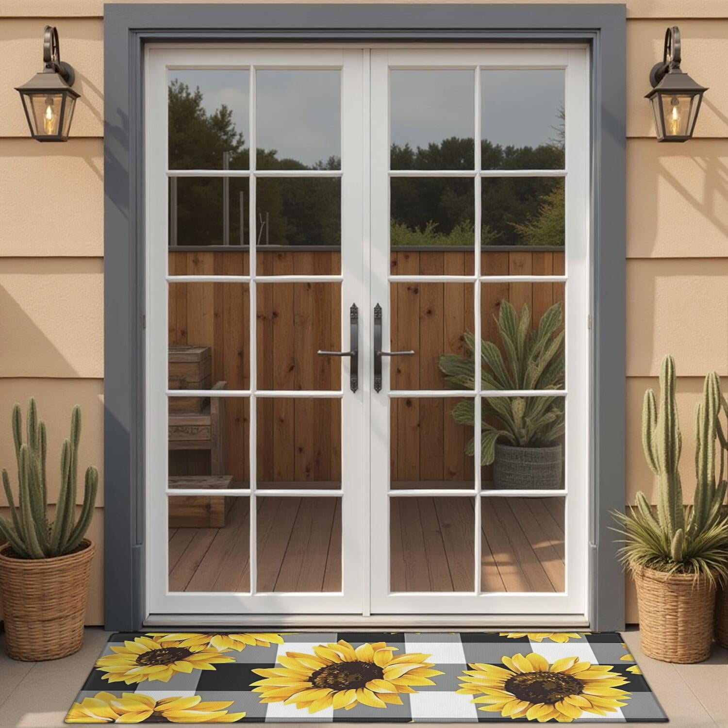 Black White Gray Checker Sunflower Pattern Door Rugs,Washable Non Slip ...