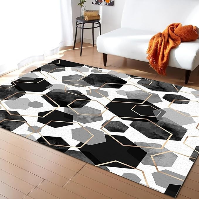 Black White Gray Ink Geometry Indoor Area Rugs, Light Luxury Golden ...