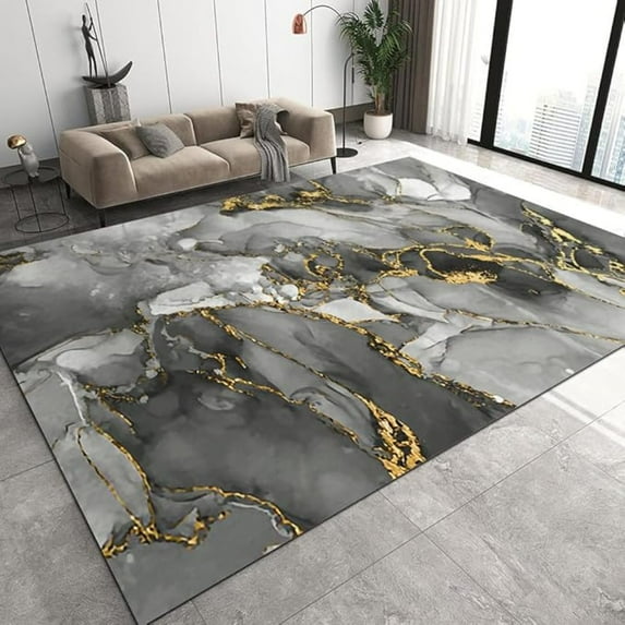 Black White Gray Ink Texture Living Room Rugs, Abstract Golden Marble ...