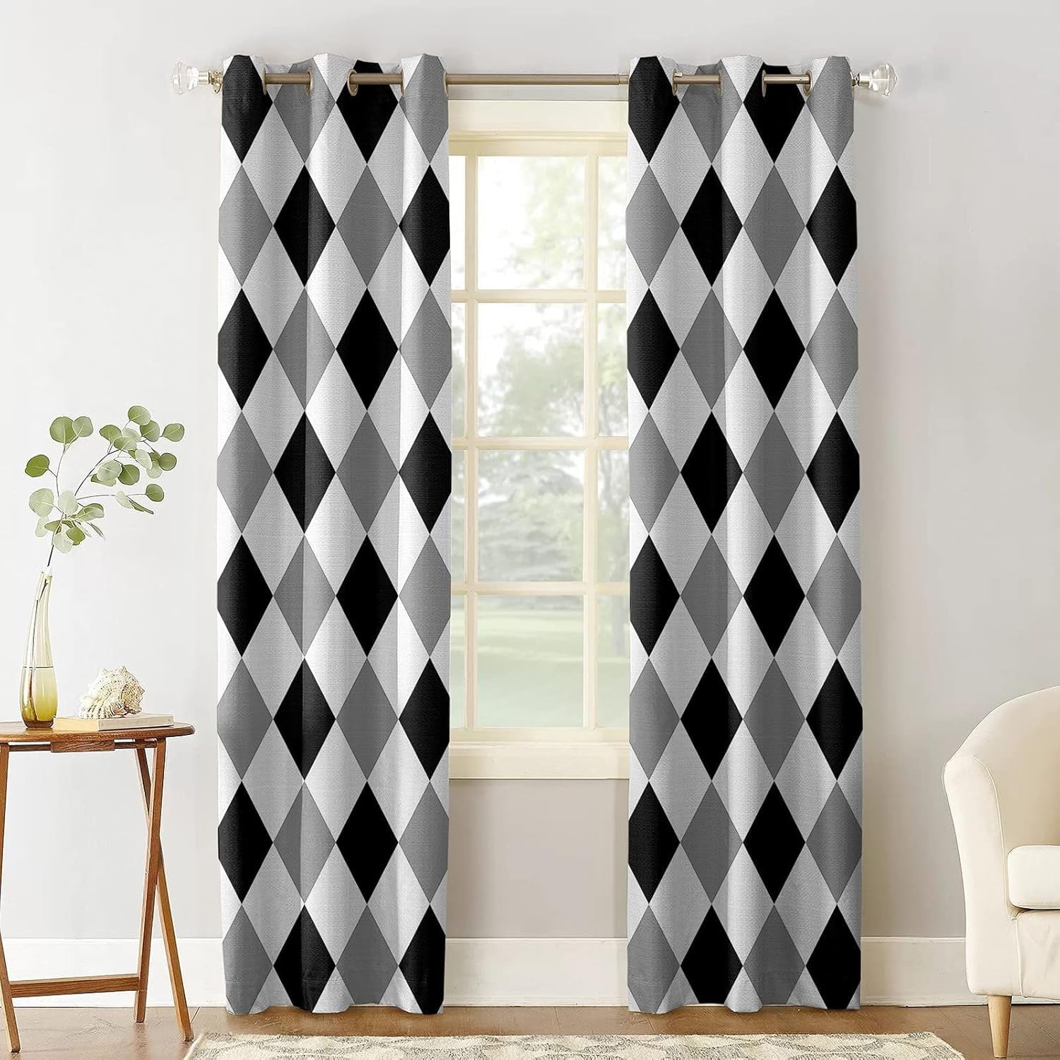 Black and White Gray Lattice Geometry Blackout Curtains, Diamond ...