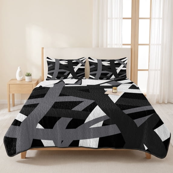 Black White Gray Lines 3 Pieces Quilt Set,1 Quilt with 2 Shams,Abstract ...