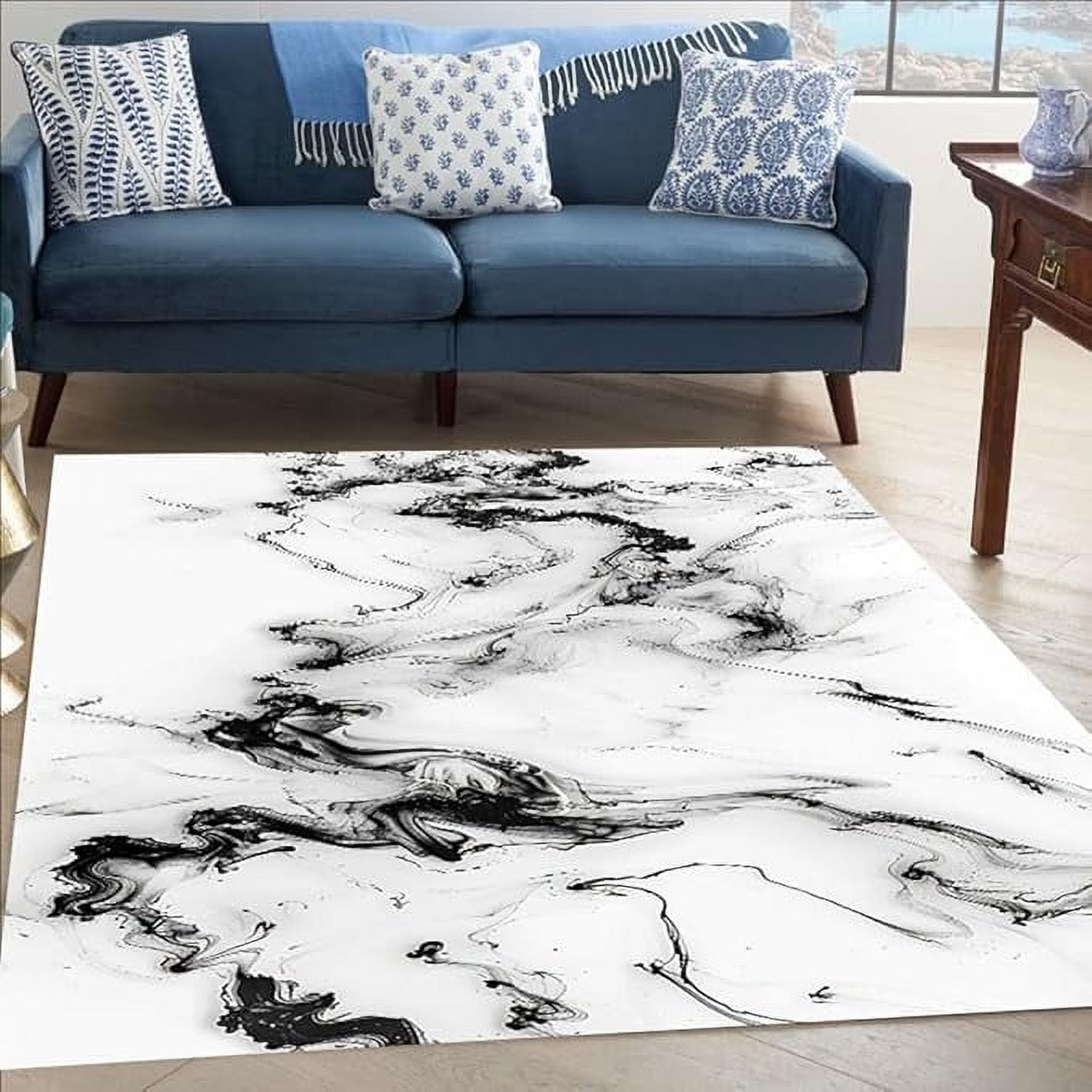 Black White Gray Marble Deco Minimalist Area Rug Fuzzy Soft Modern ...