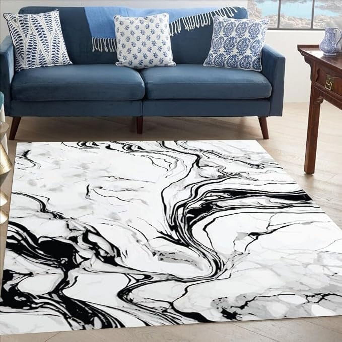 Black White Gray Marble Swirl Modern Abstract Area Rug Ultra Soft Large ...
