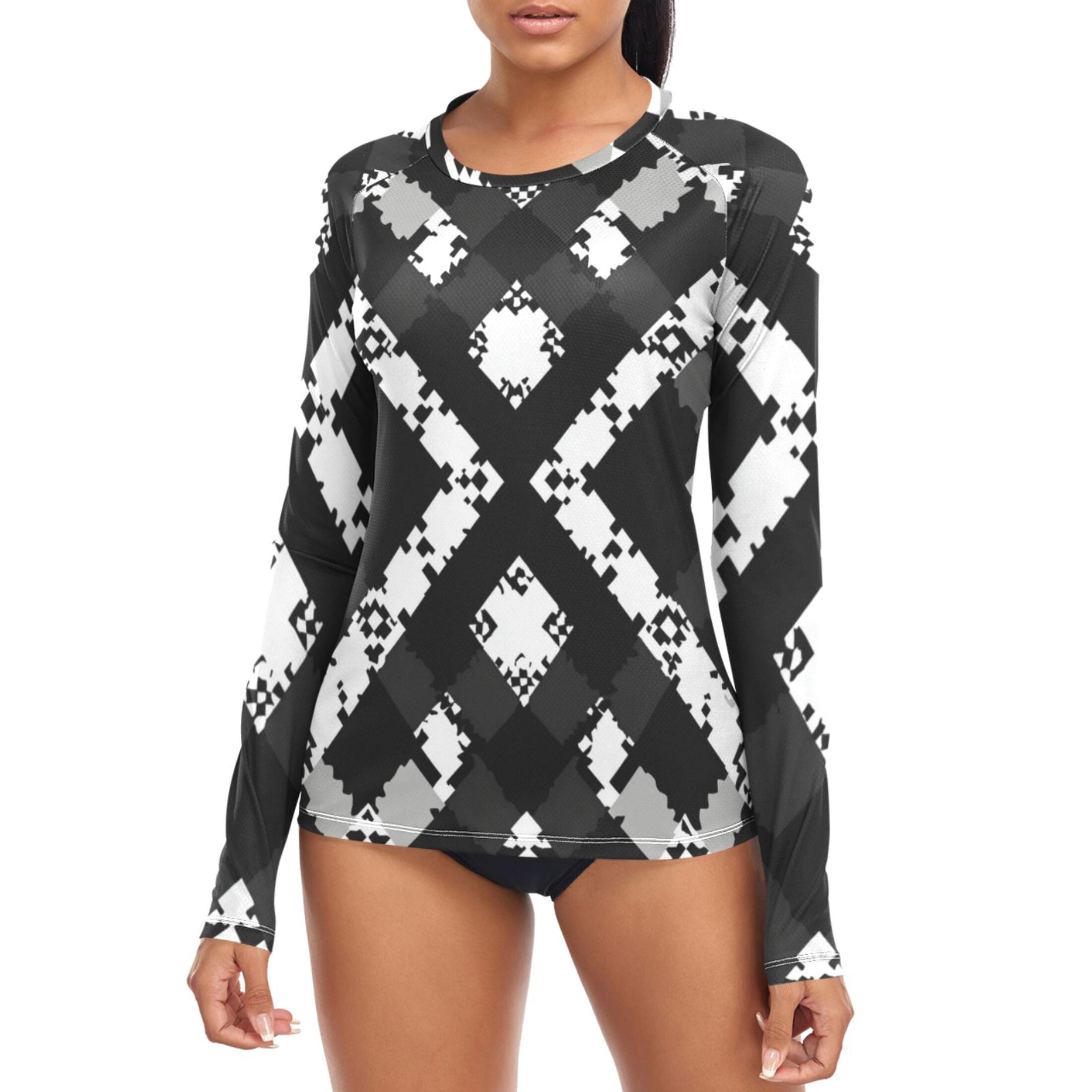Black White Gray Pixel Pattern Women's Rash Guard Shirts UPF 50+ Sun ...