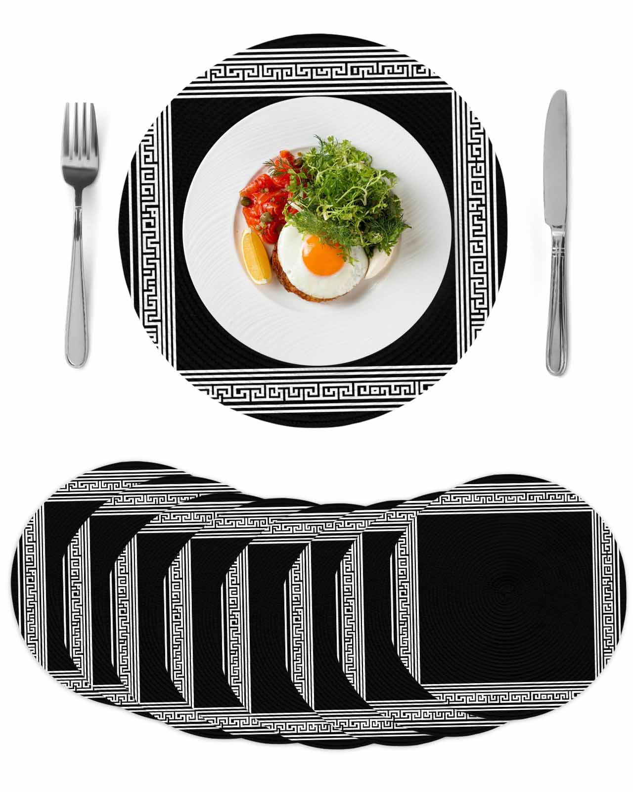 Black White Greek Key Pattern Round Table Placemats set of 8, Geometric ...