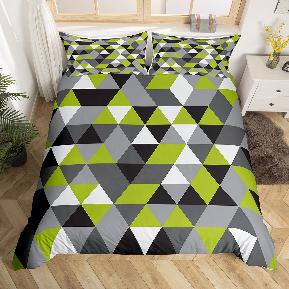 Black White Green Geometric Bedding Set Light Grey Dark Gray Triangle ...