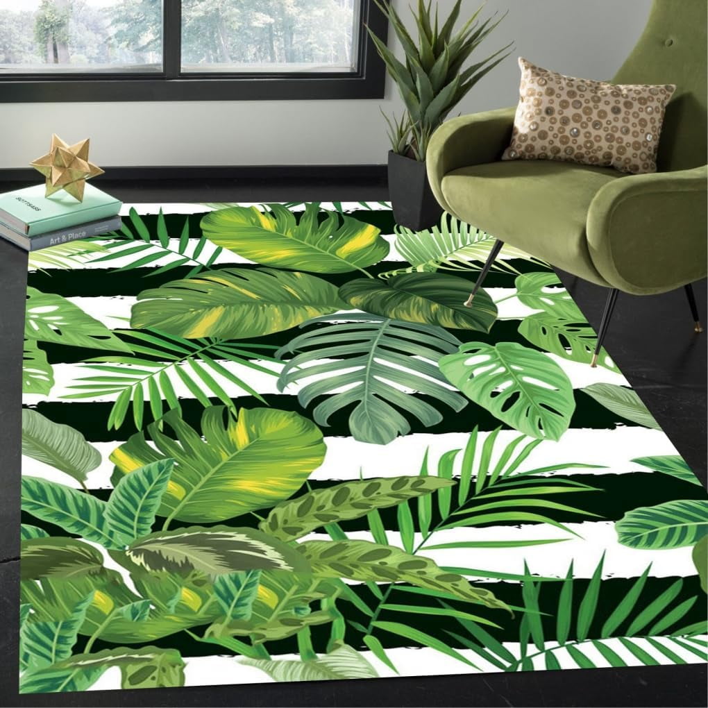 Black White Green Monstera Leaf Modern Tropical Area Rug For Living ...