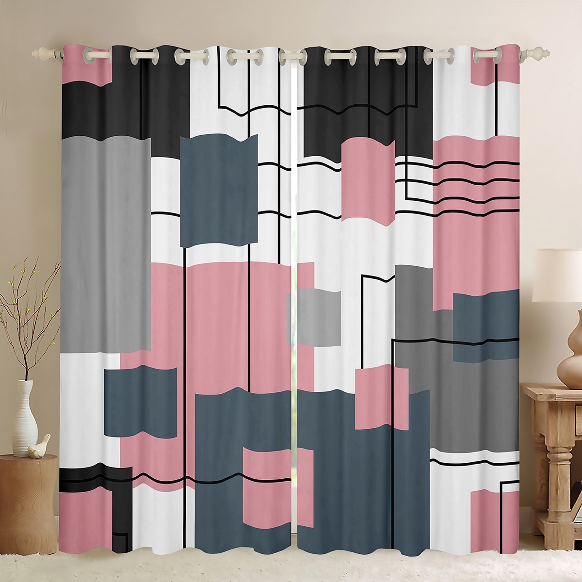 Black White Grey Pink 42"Wx63"L Blackout Curtains Geometric Square Window Curtains For Kids ...
