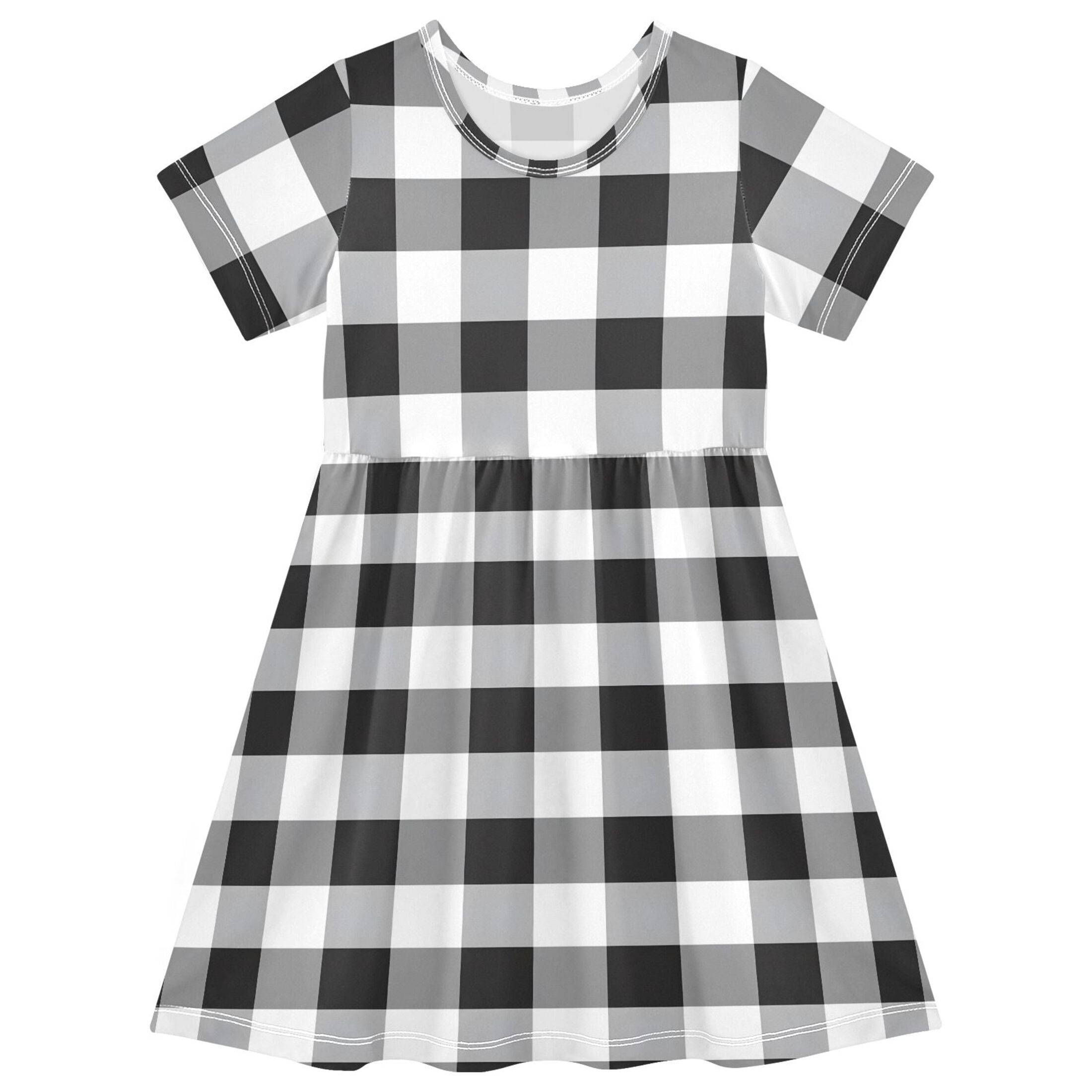 Black White Grey Plaid Pattern Short Sleeve Dress A-Line Cute Midi ...