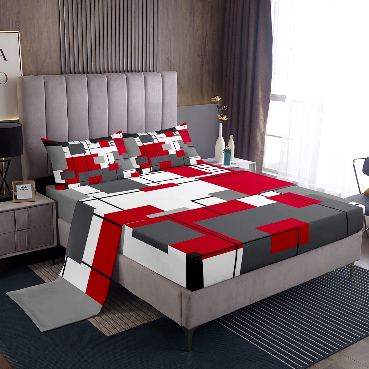 YST Black White Grey Red Sheet Set Twin Geometry Square Bed Sheets For ...