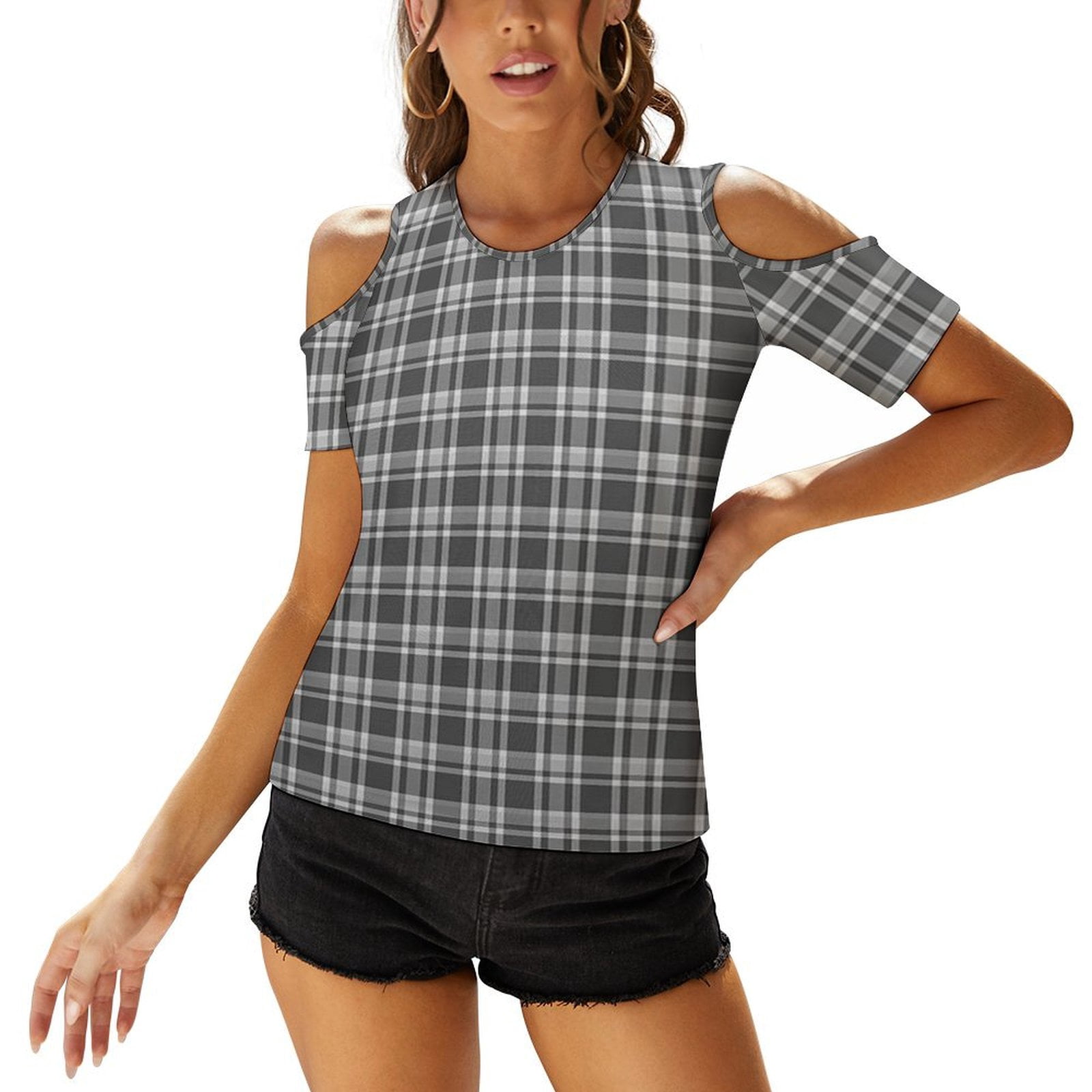 Black White Grey Simple Scott Plaid Tartan Buffalo Check Women's Off ...