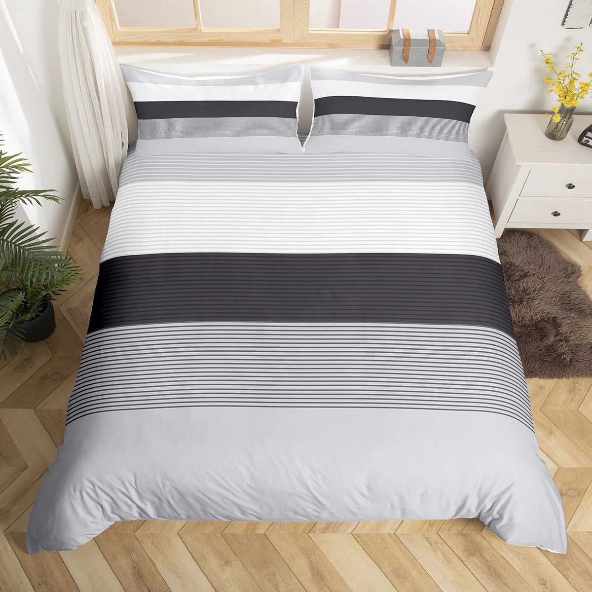 Black White Grey Stripes Duvet Cover, Geometric Striped Bedding Set For ...