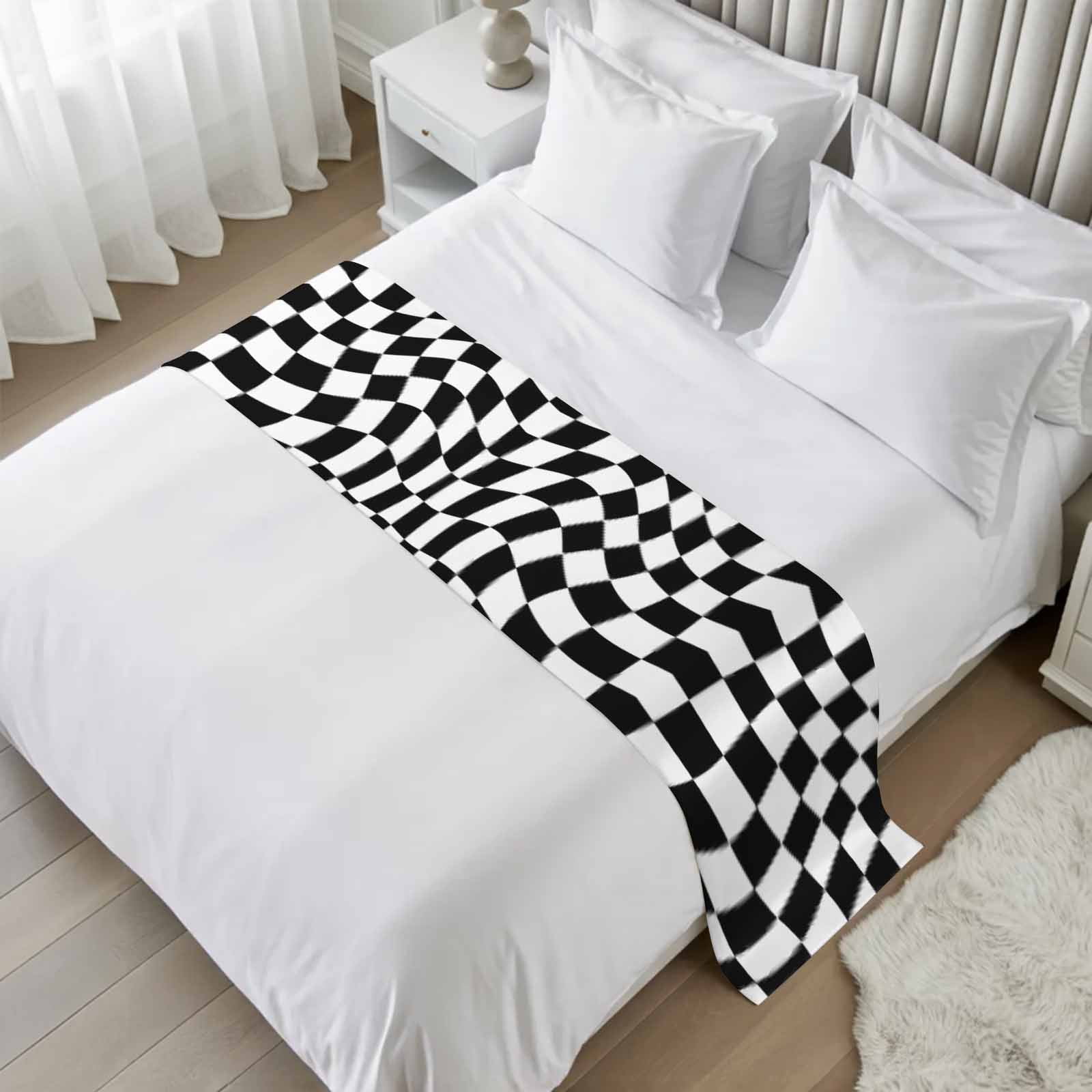 Black White Grid Bed Runner Scarf, Deformed Color Block Geometric ...