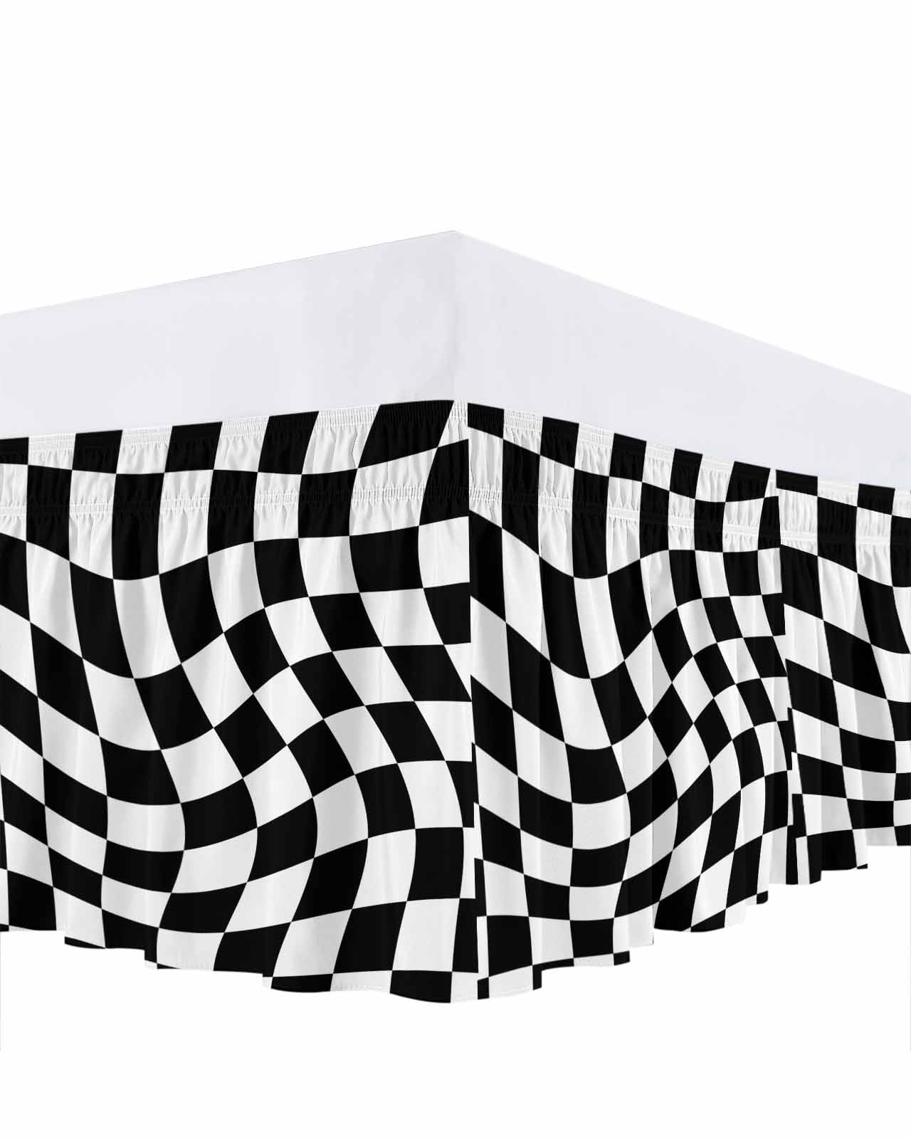 Black White Grid Bed Skirt Deformed Color Block Geometric Abstract Bed ...