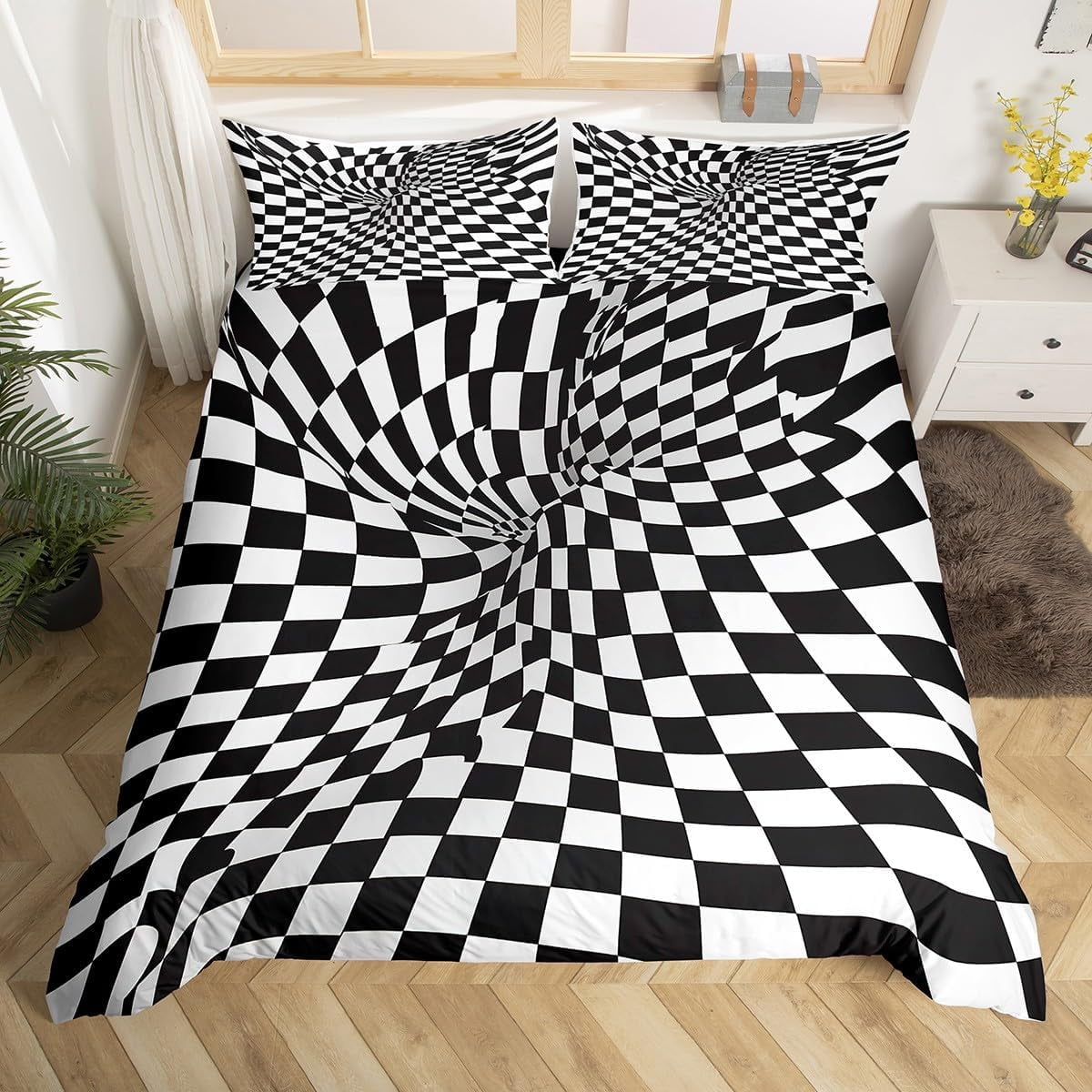 Black White Grid Bedding Set 90 X 90 inch,Visual Space for Boys Girls ...